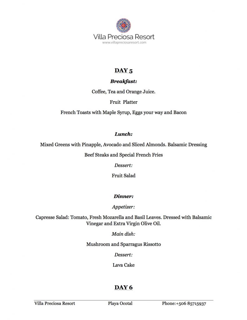 Our Menu - Villa Preciosa Resort